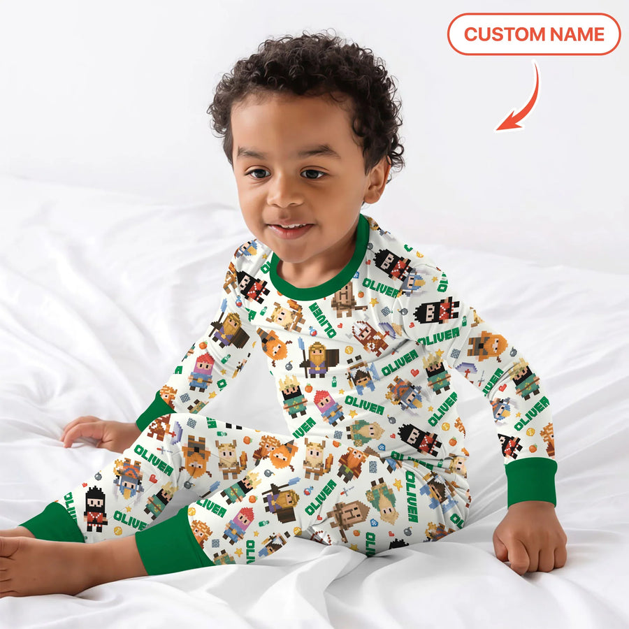 Blocky Buddy Squad Custom Name Bamboo Two Piece Long Sleeve Pajama Set ...