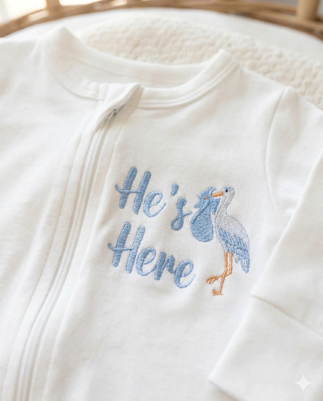 Personalized He's Here Embroidered Bamboo Zipper Footie – Zumbamboo